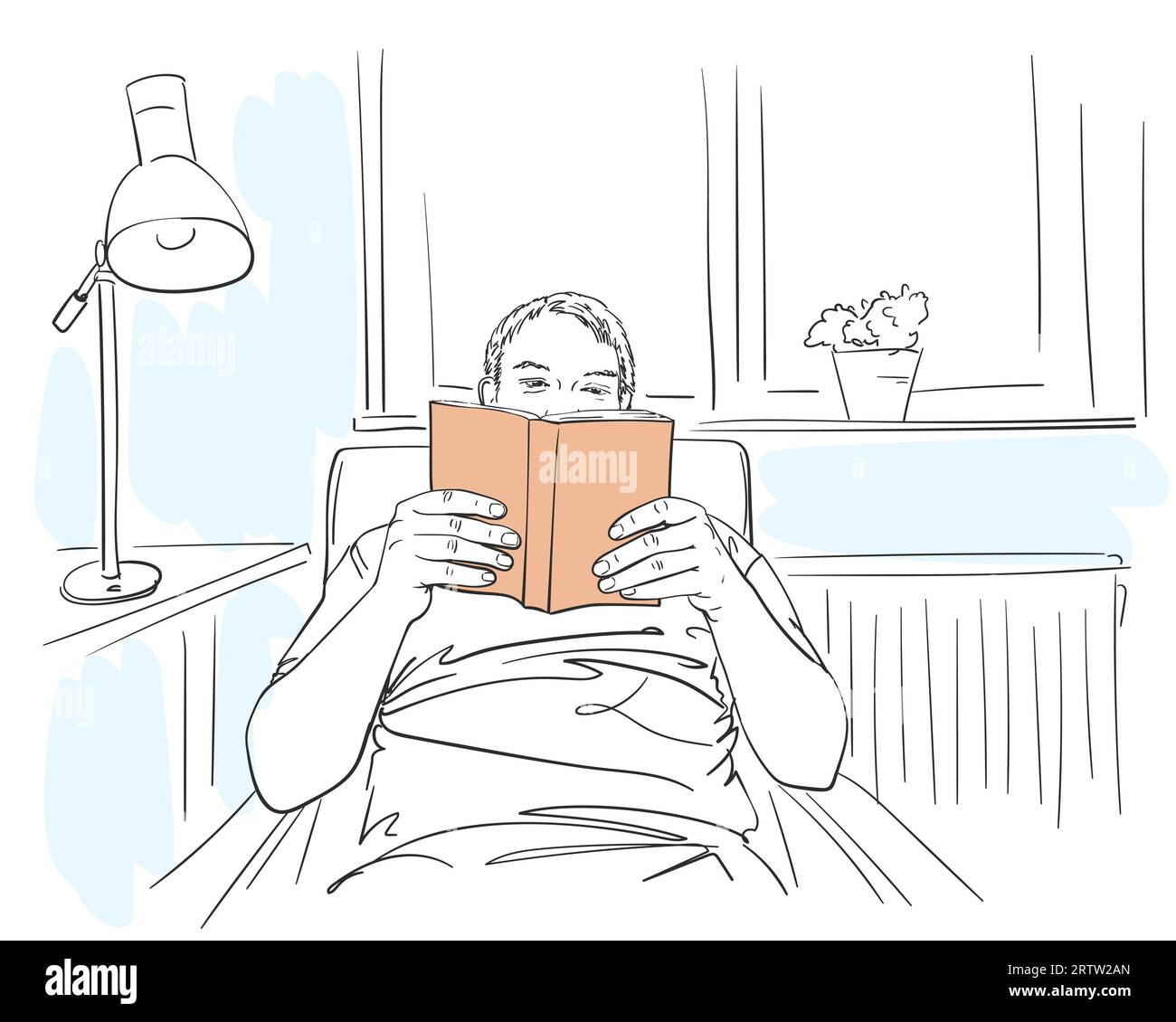 Sketch of man reading book and sitting in comfortable relaxing home ...