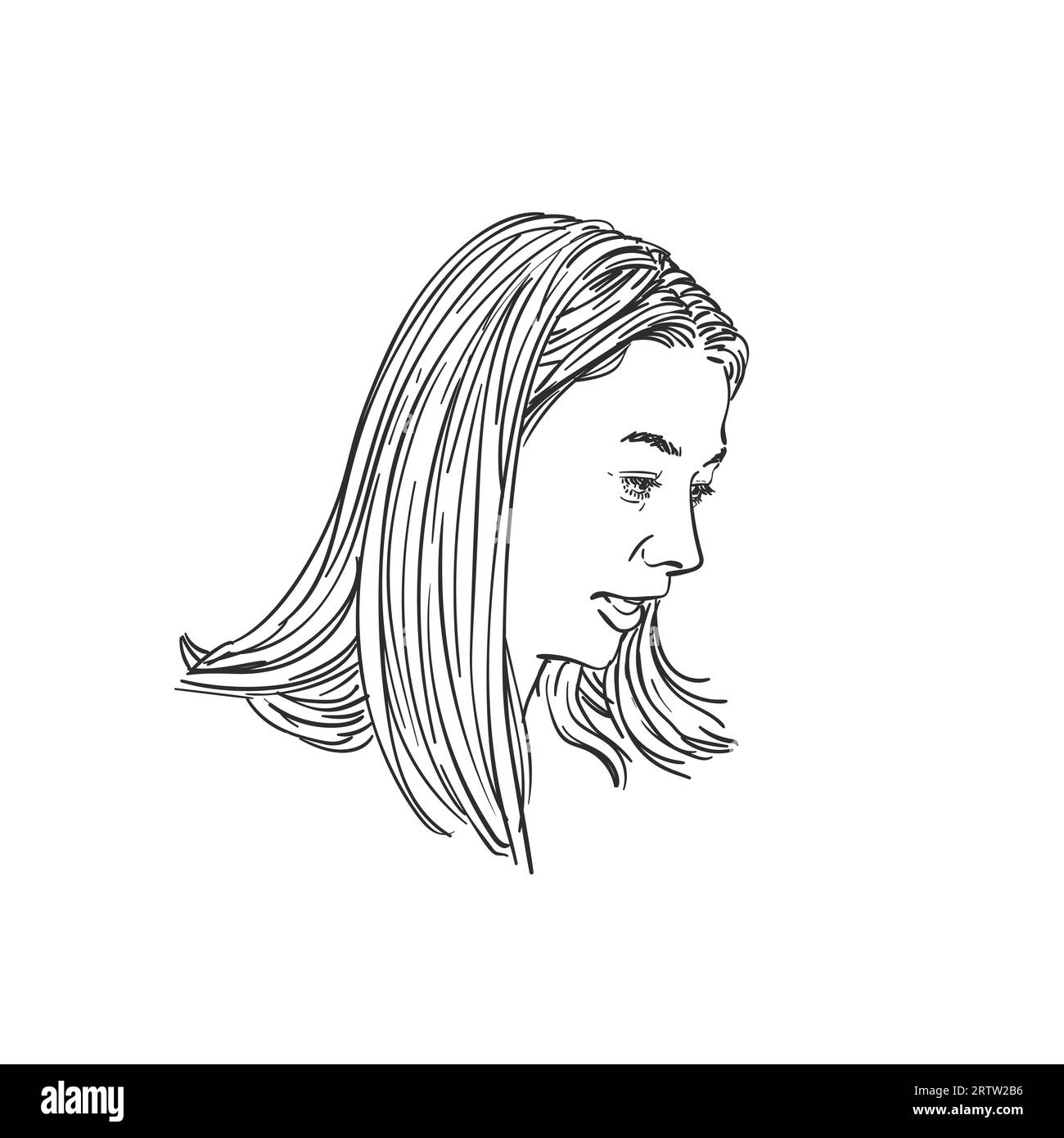 Portrait of woman with long hair looking sideways down and talking with ...