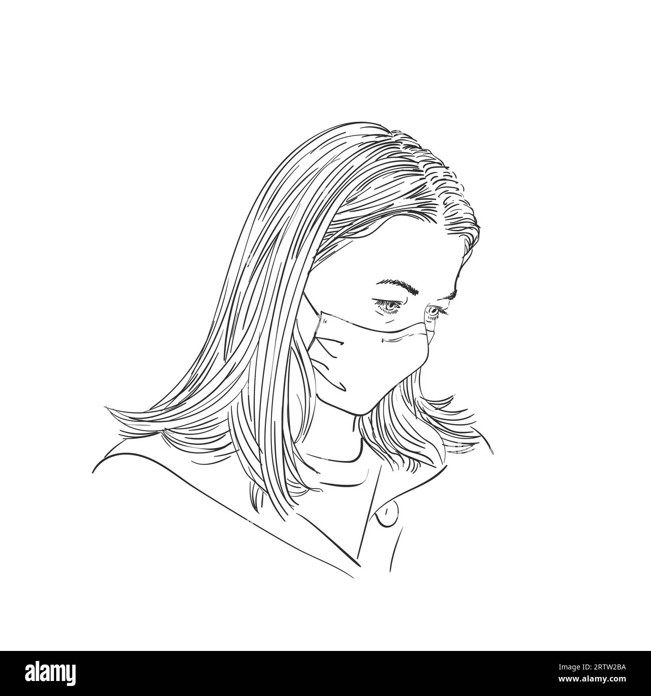 Woman wearing medical face mask and sadly looking down, Hand drawn ...