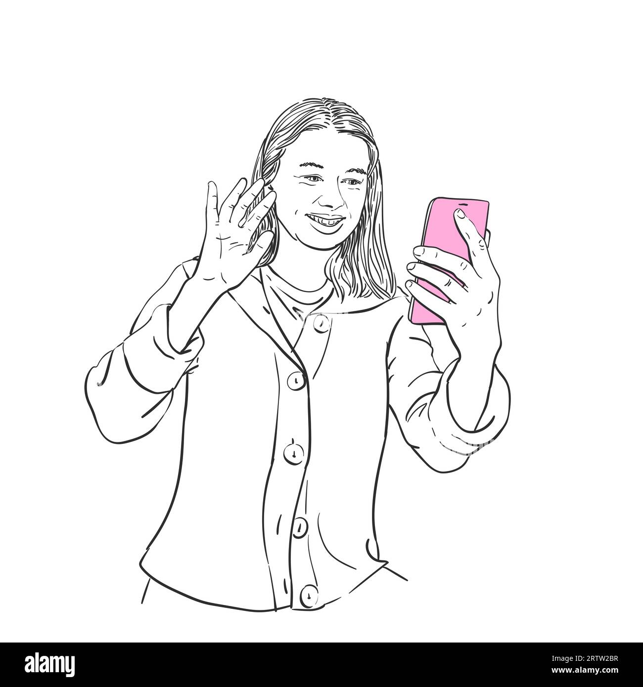 Sketch of woman talking video call on pink smartphone and waving with ...