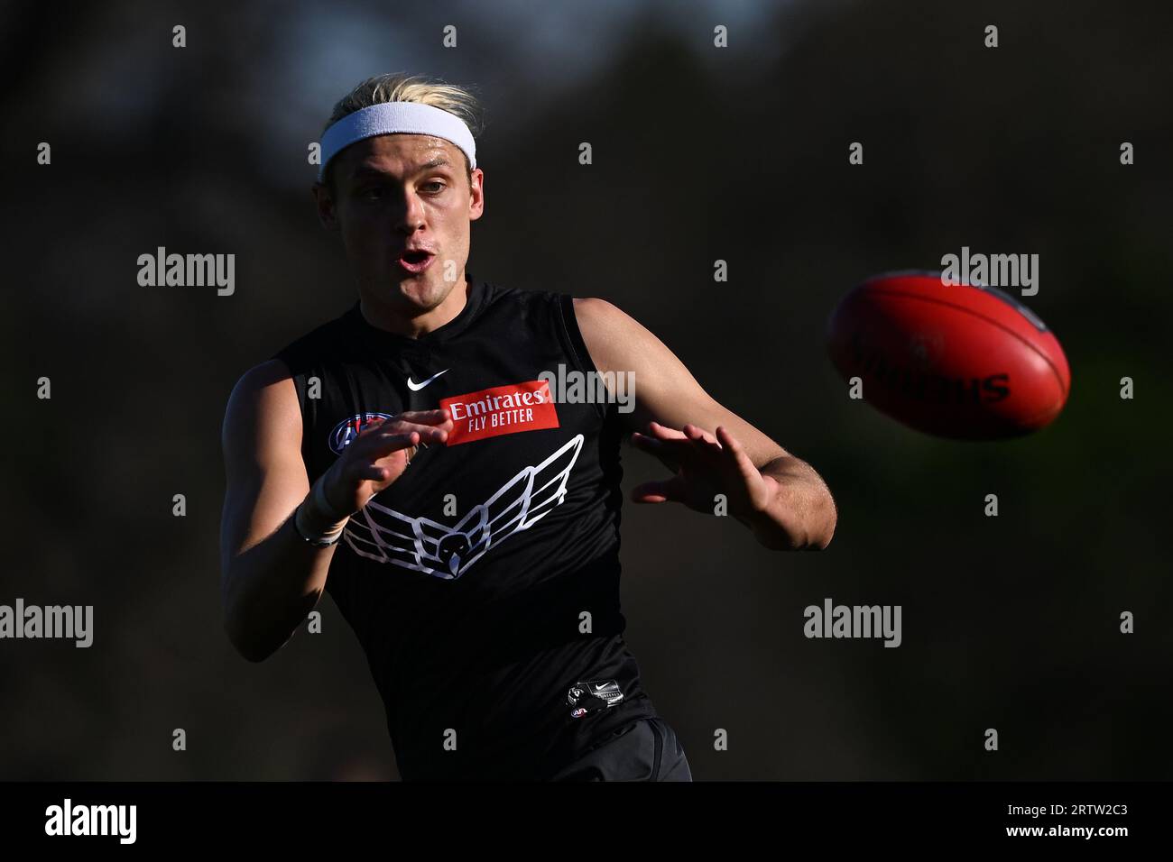 Melbourne, Australia. 15th Sep, 2023. Darcy Moore of Collingwood marks ...