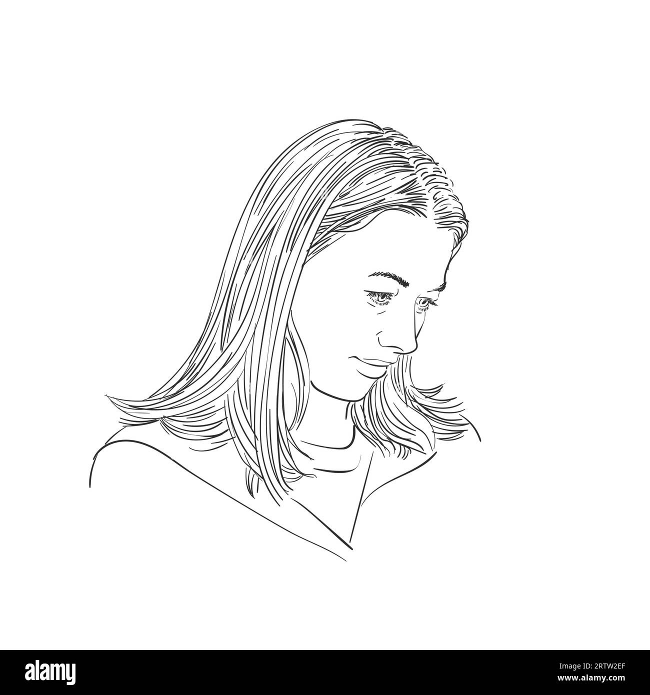 Portrait of young woman with long hair looking down, Vector sketch ...