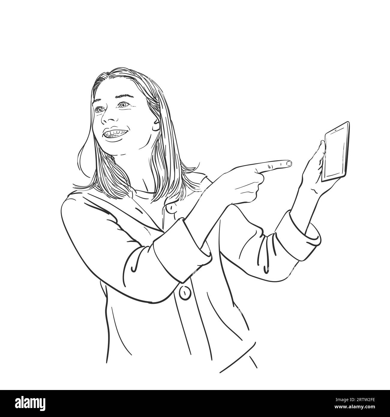 Sketch Of Happy Woman With Long Hair Showing To Someone Her Tablet