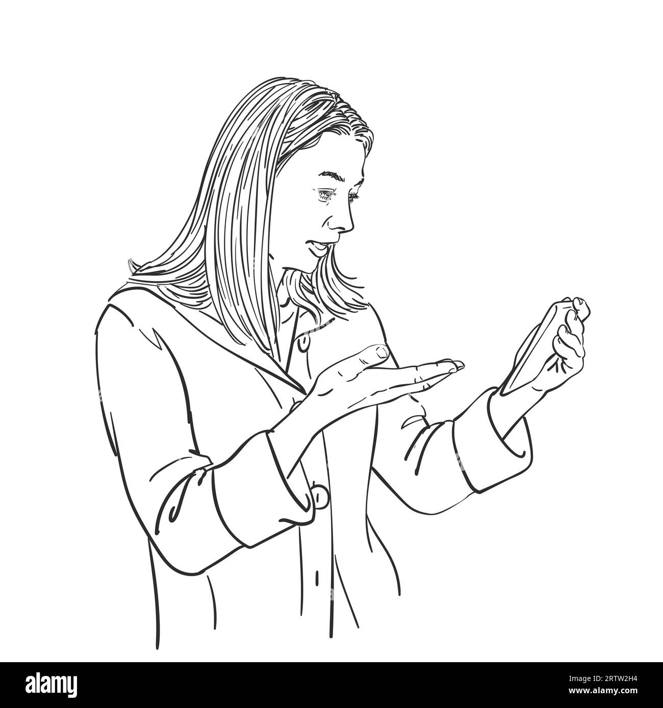 Sketch of young woman talking video call on smartphone, Hand drawn ...