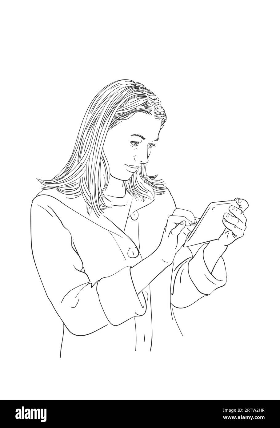 Sketch Of Woman With Long Hair Using Her Tablet Thoughtfully Touching