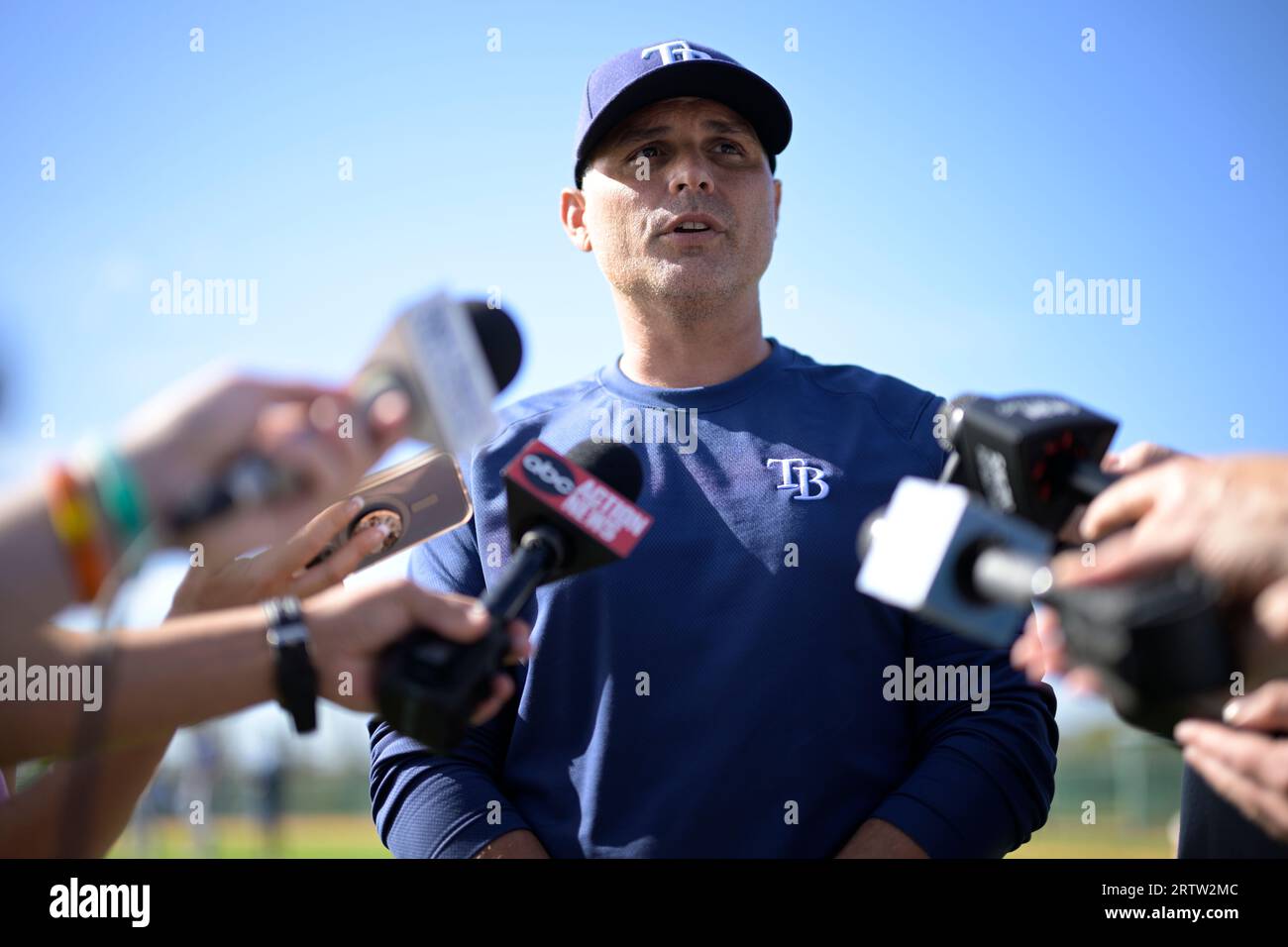 Tampa Bay Rays manager Kevin Cash talks with reporters during the first ...