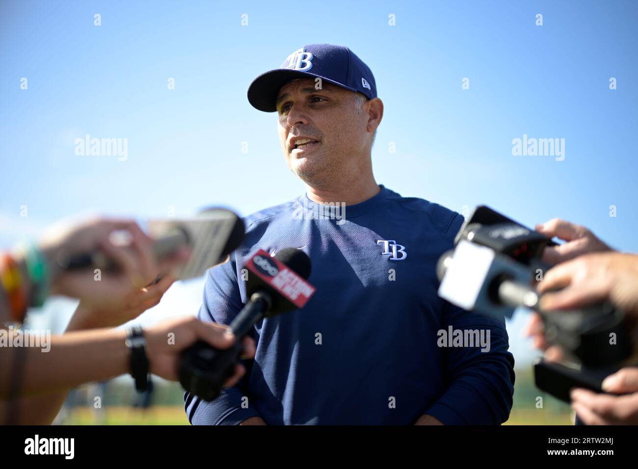 Tampa Bay Rays manager Kevin Cash talks with reporters during the first ...