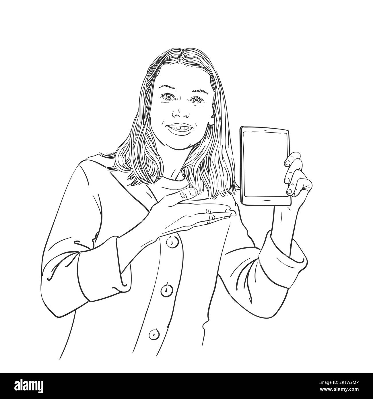 Sketch Of Happy Woman With Long Hair Showing Her Tablet Screen Hand