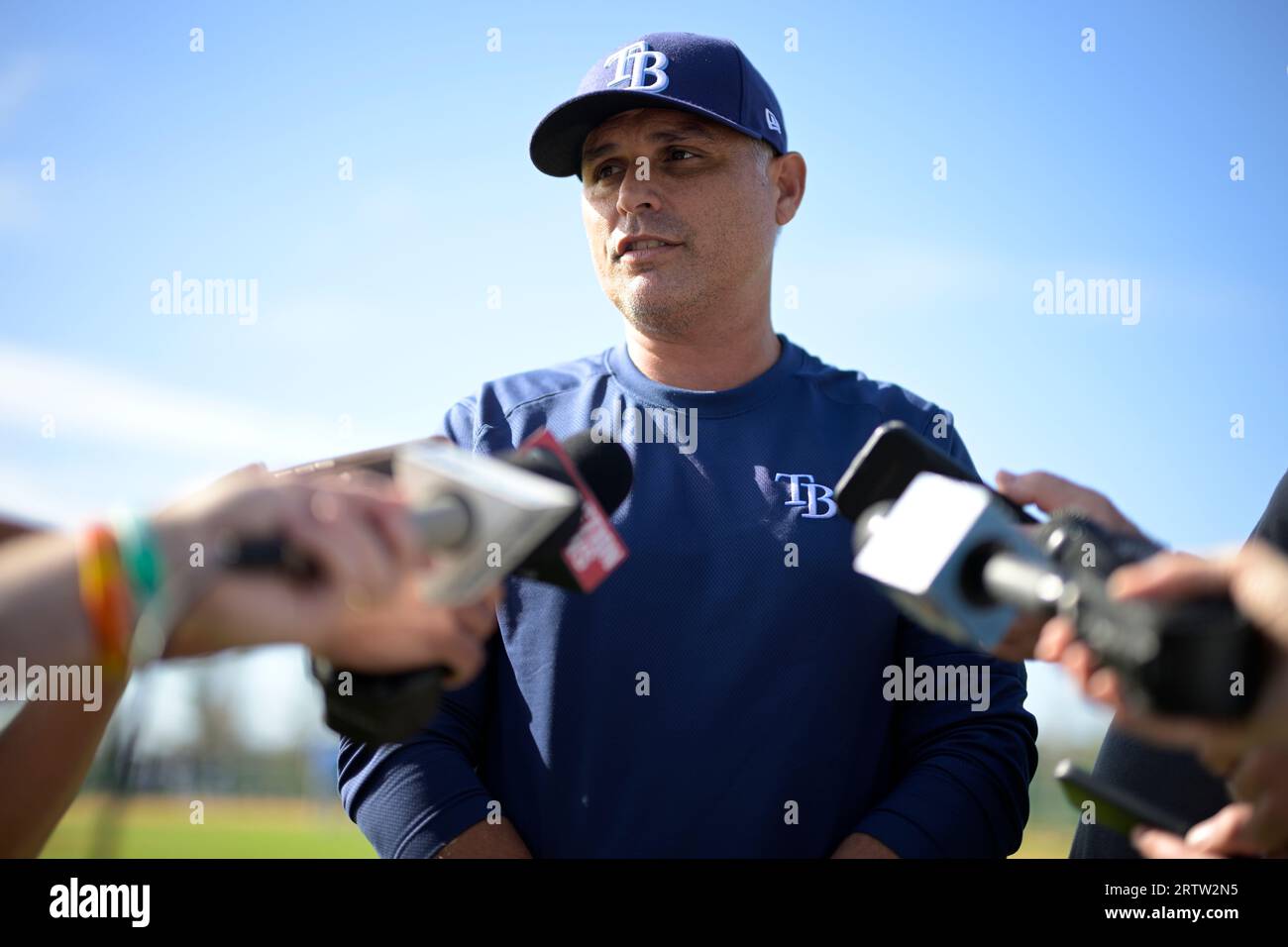 Tampa Bay Rays manager Kevin Cash talks with reporters during the first ...