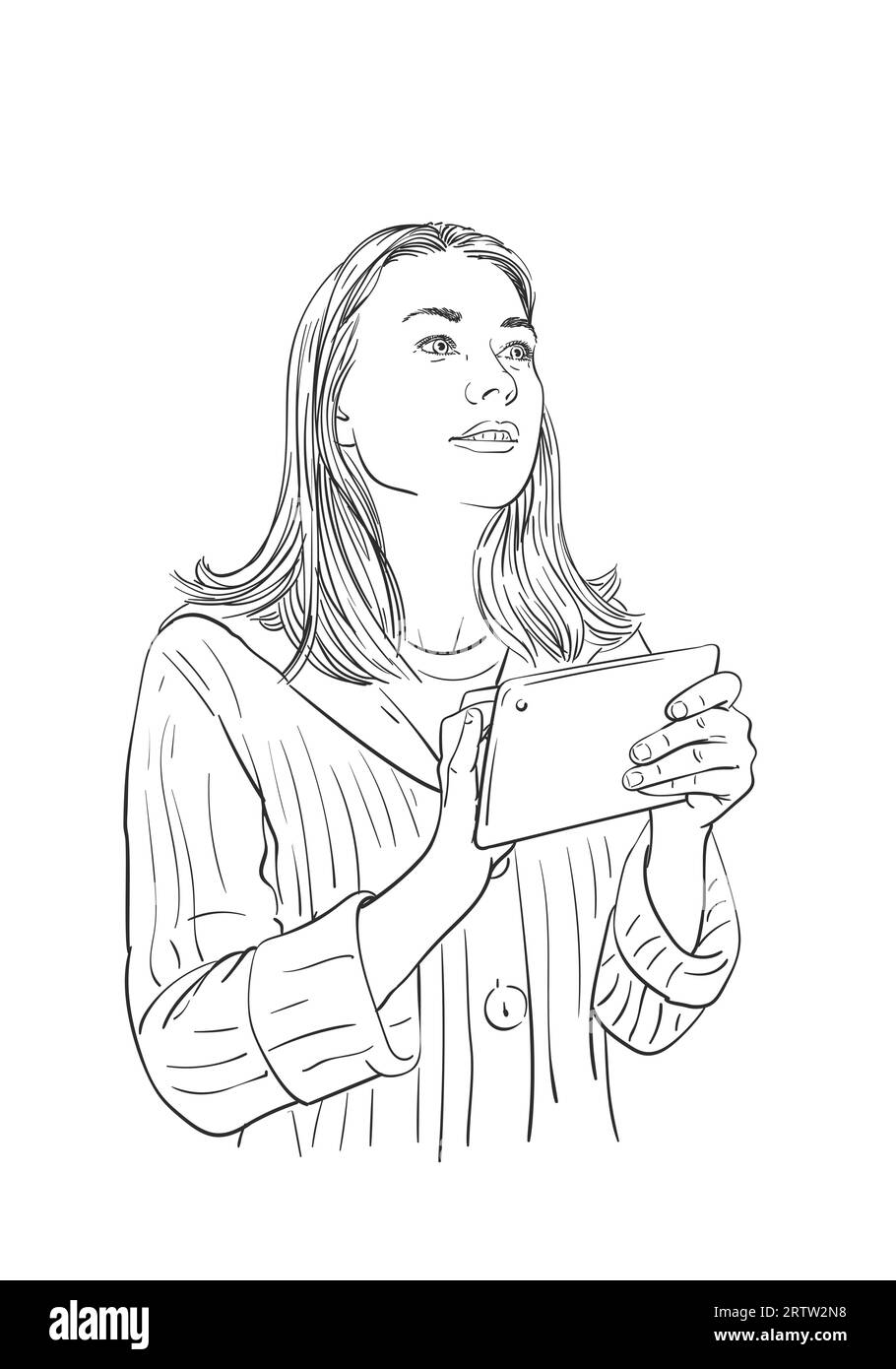 Sketch Of Woman With Long Hair Using Her Tablet Touching Screen And