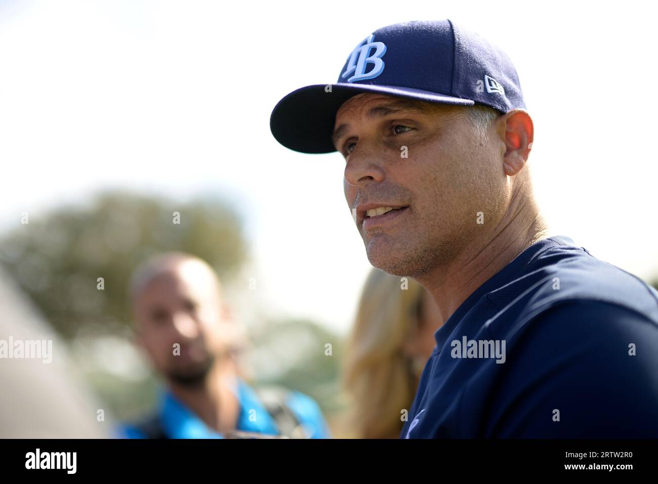 Tampa Bay Rays manager Kevin Cash talks with reporters during the first ...