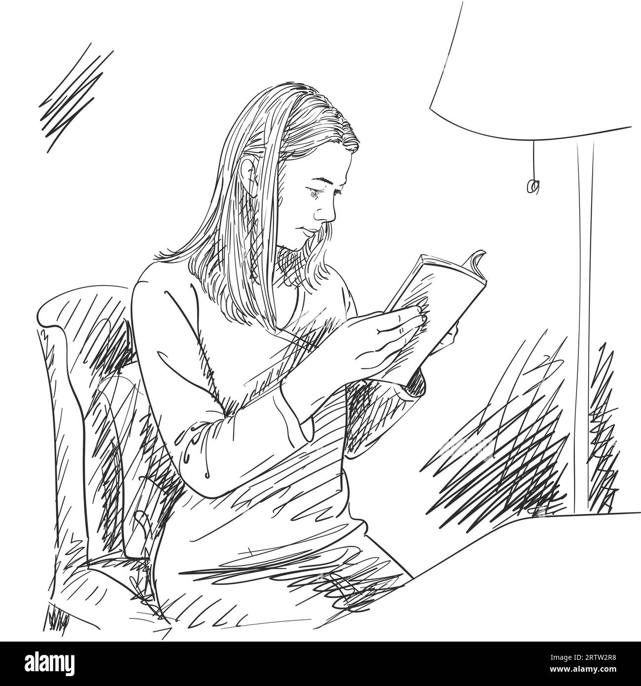 Girl is reading book and sitting on chair, vector sketch, hand drawn ...
