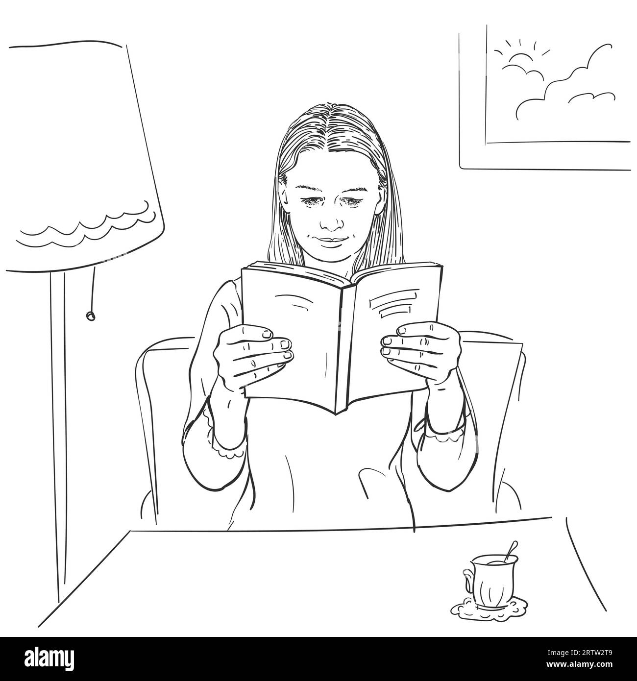 Girl is reading book and sitting behind desk in room, vector sketch ...