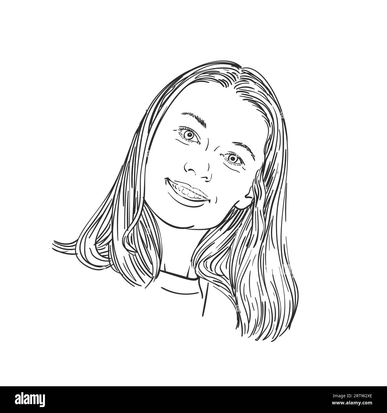 Portrait of happy smiling woman with head bowed to side, Hand drawn ...