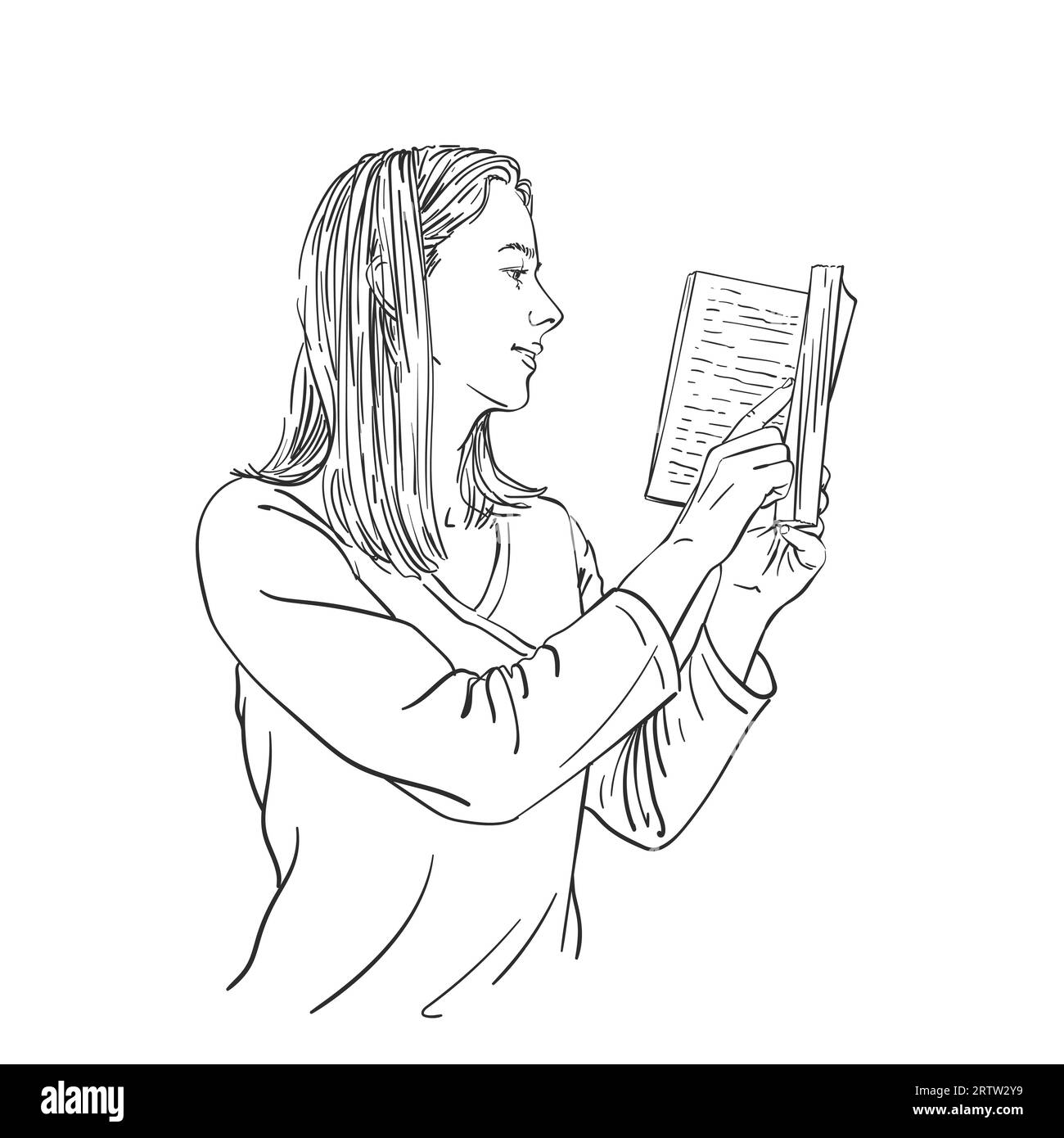 Girl is reading book, vector sketch, hand drawn linear illustration ...