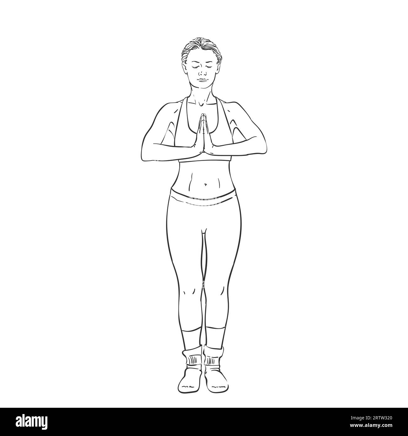 Sketch of woman doing yoga, standing with hands together, Hand drawn ...