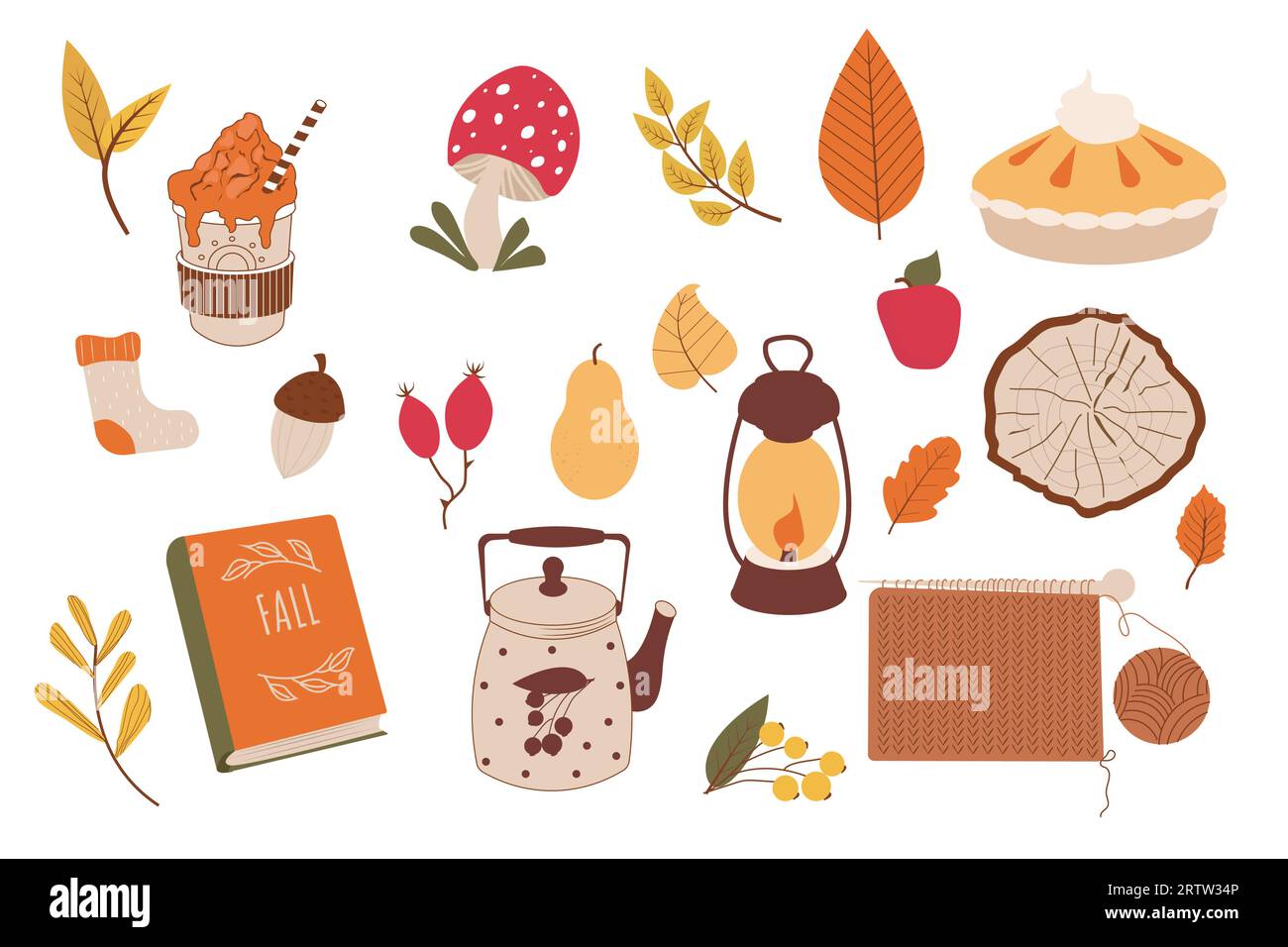 Set autumn cozy elements, stickers with foliage, forest decorations ...