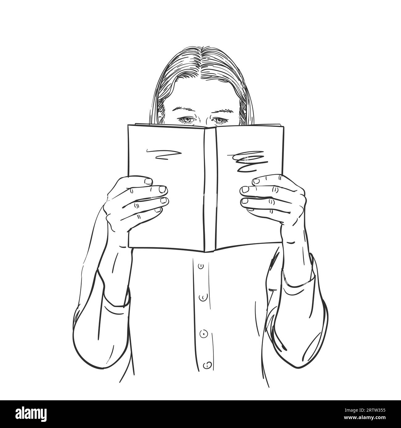 Girl is reading a book with face half behind the book, vector sketch ...