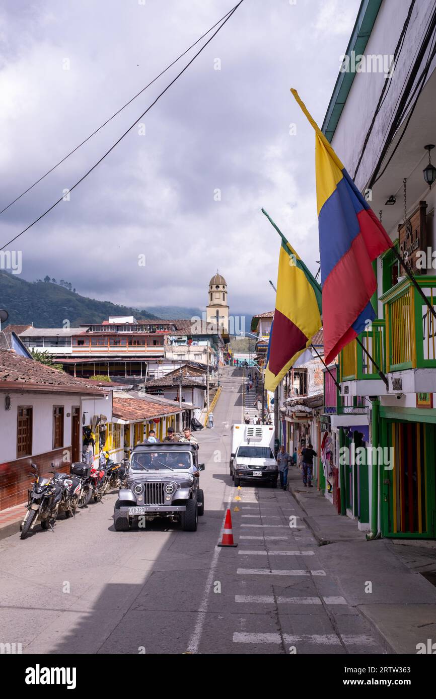July 11, 2023: Street scene in Colombian Coffee Axis’s town of Salento ...