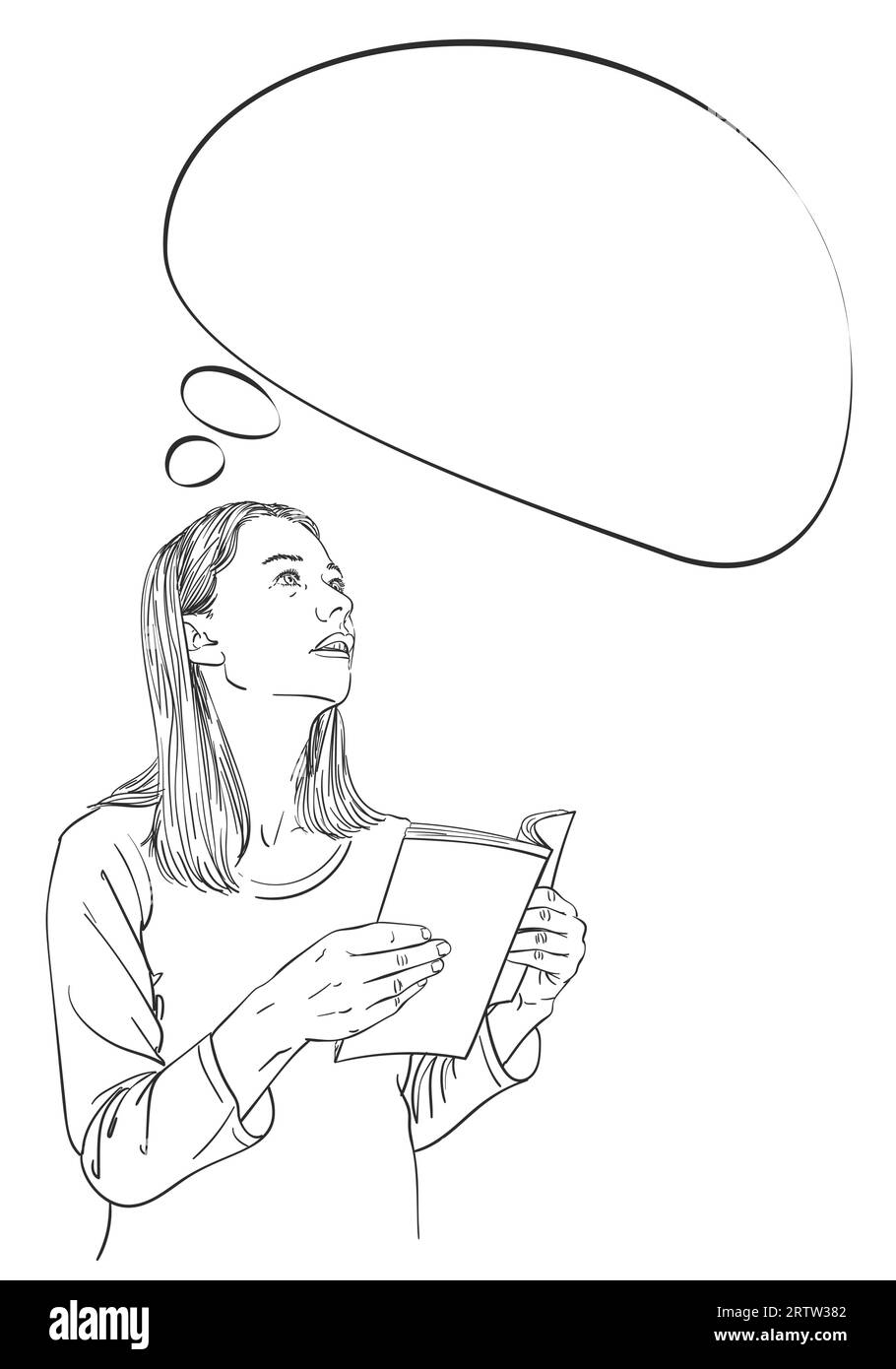 Young woman holds open book in hands, looks sideways up and thinks with ...