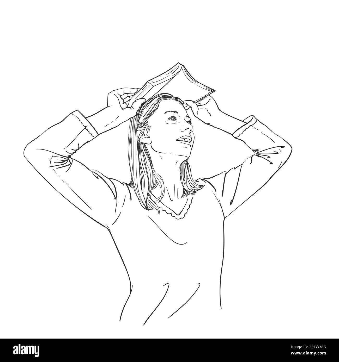 Young woman holds open book over her head like roof over house, looks ...