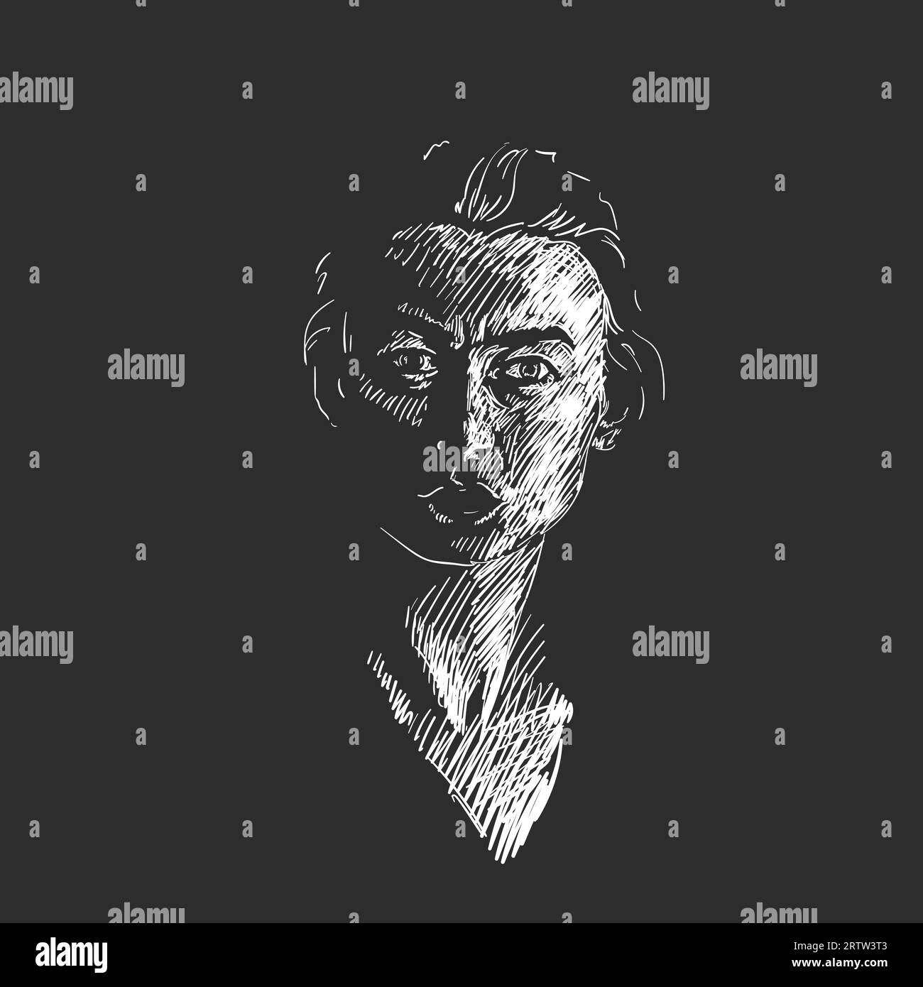 Portrait caucasian woman looking angry at camera, White sketch on black ...