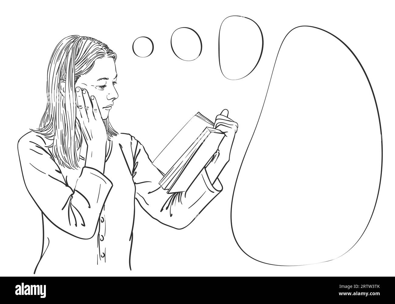 Girl is reading book and touching her cheek with her palm and thinking ...