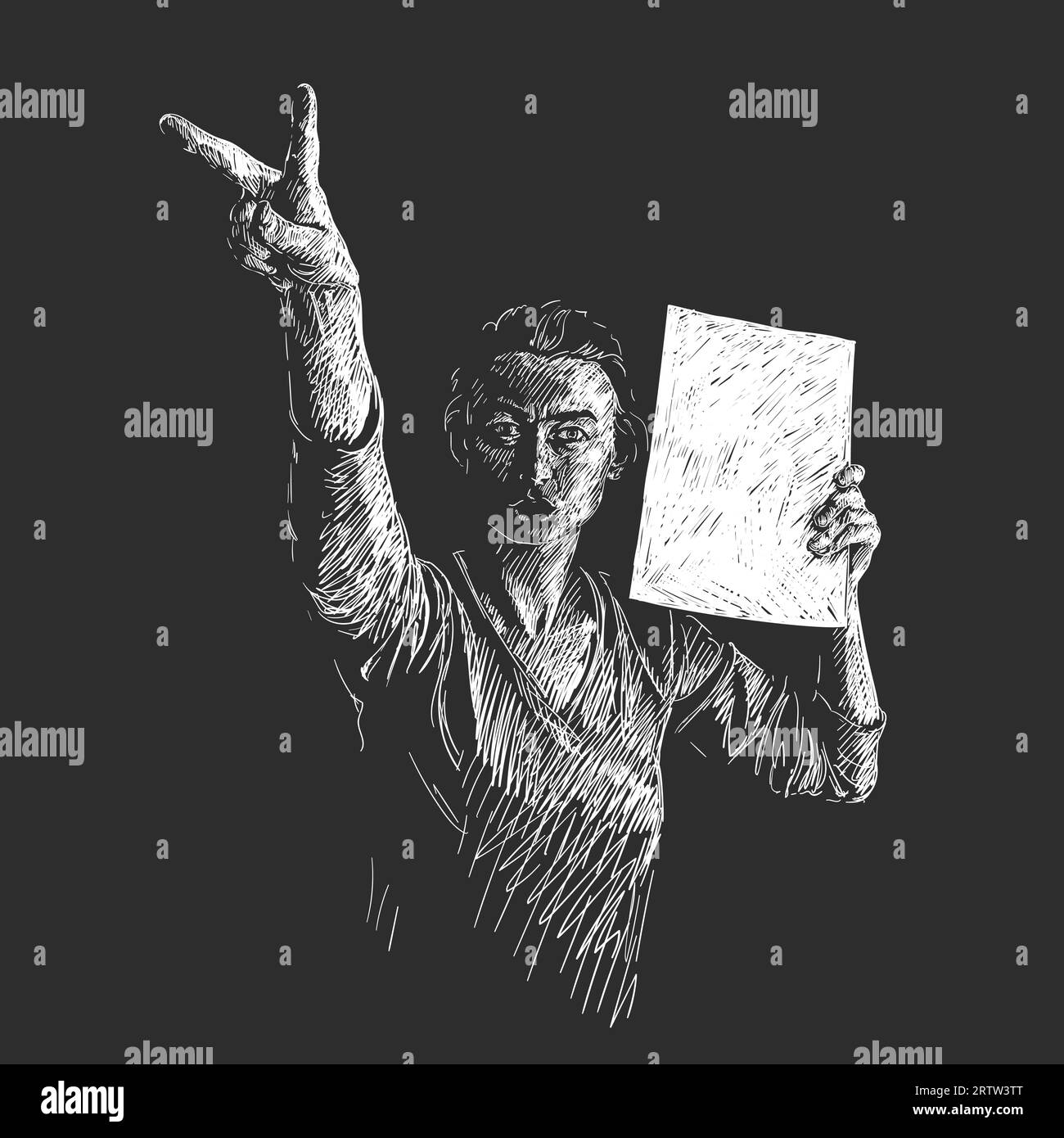 Protest. Woman with blank sign board showing V sign. White sketch on ...