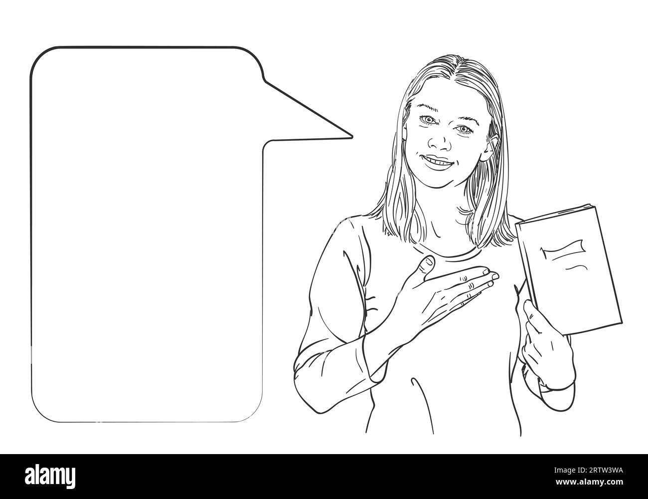 Girl with book in hand and palm showing on it and talking with speech ...