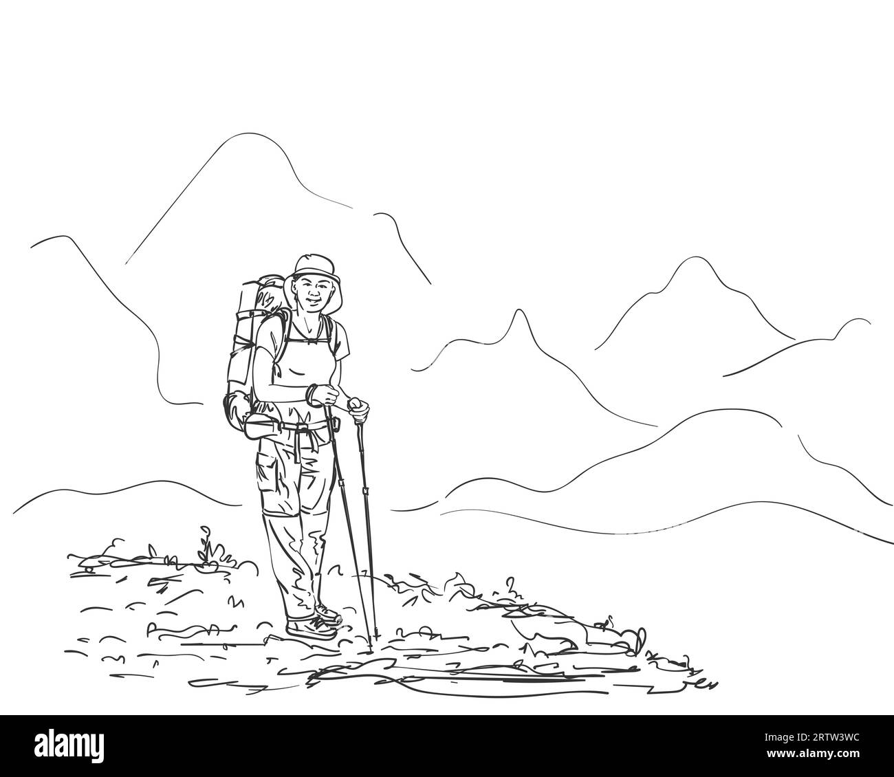 Drawing of girl backpacker hiking in mountains, Vector line art sketch ...