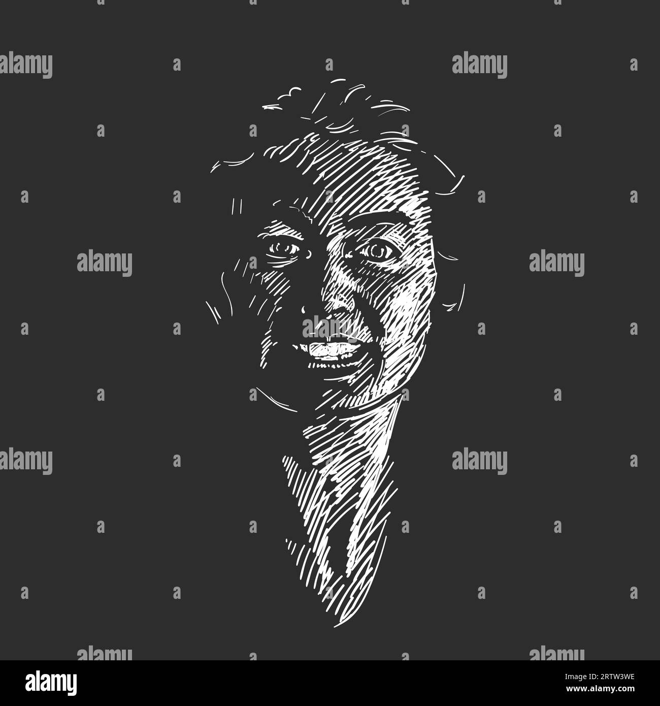 Portrait of happy positive smiling woman. White sketch on black ...