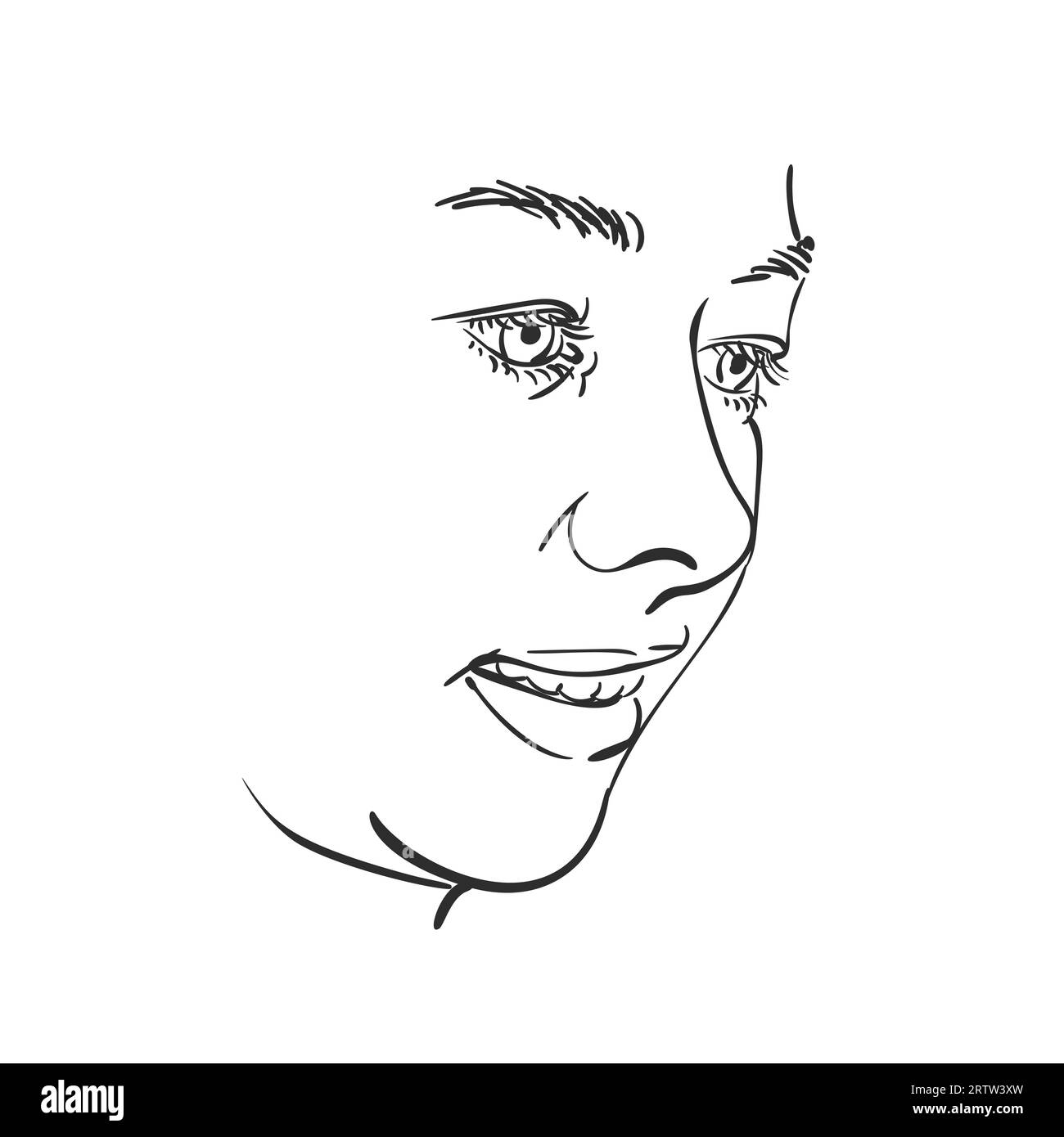 Young woman face looking down on side and smile, Vector sketch, Hand ...