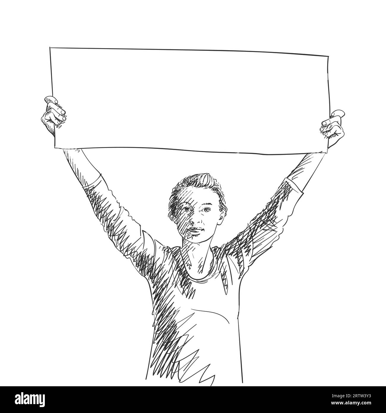 Happy woman showing blank long banner in hands raised up. Vector sketch ...