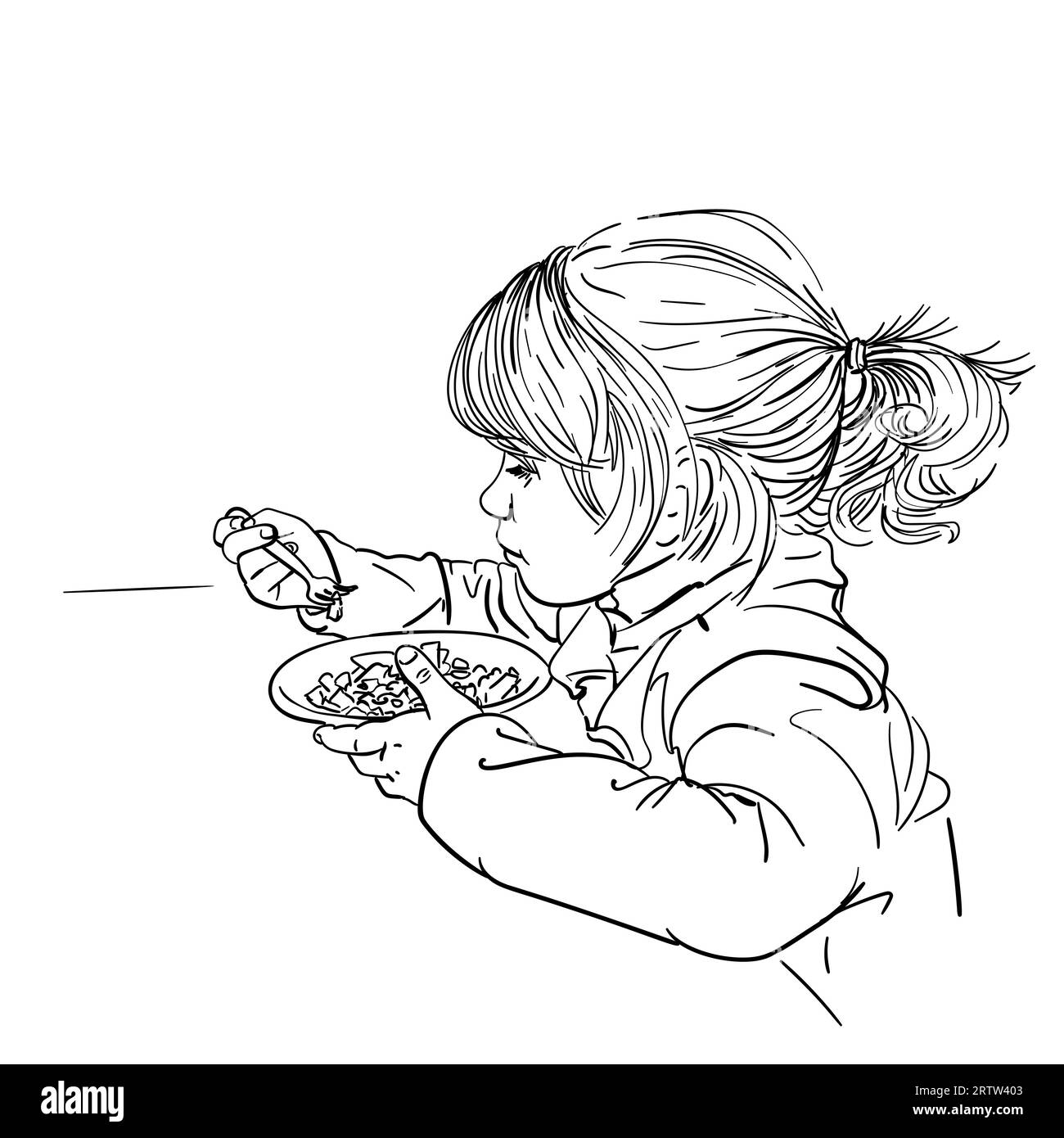 Drawing of cute little girl eating food with fork from plate, Child ... Drawing of cute little girl eating food with fork from plate, Child ...