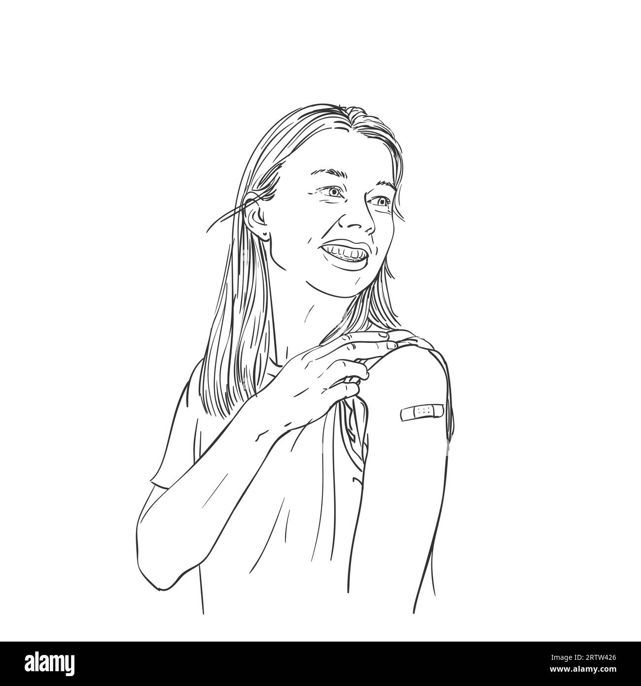 Portrait of young female smiling after getting vaccine, Vector sketch ...