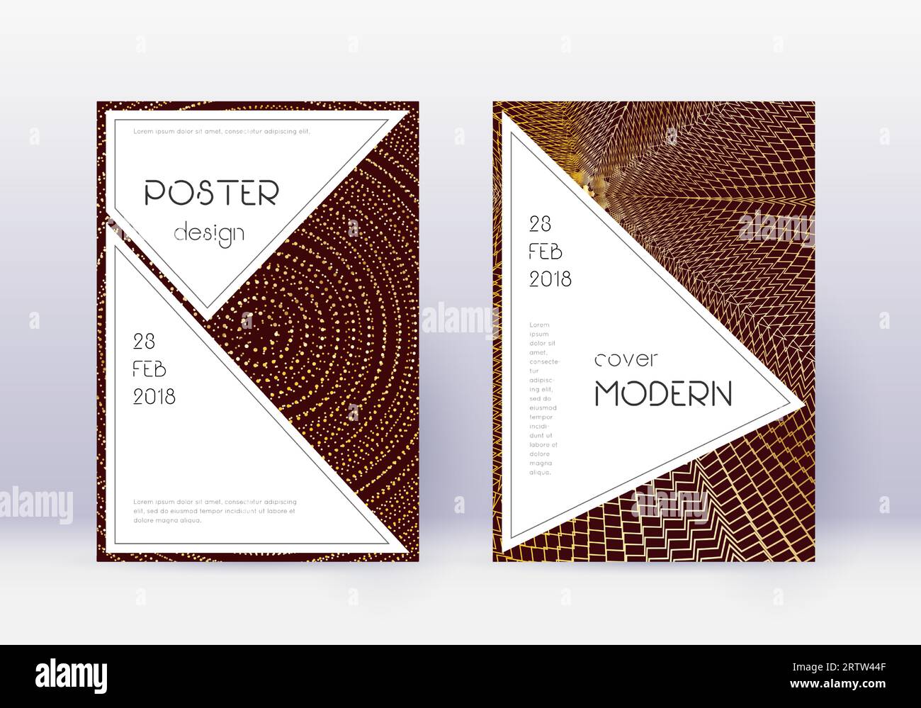Stylish cover design template set. Gold abstract lines on maroon ...