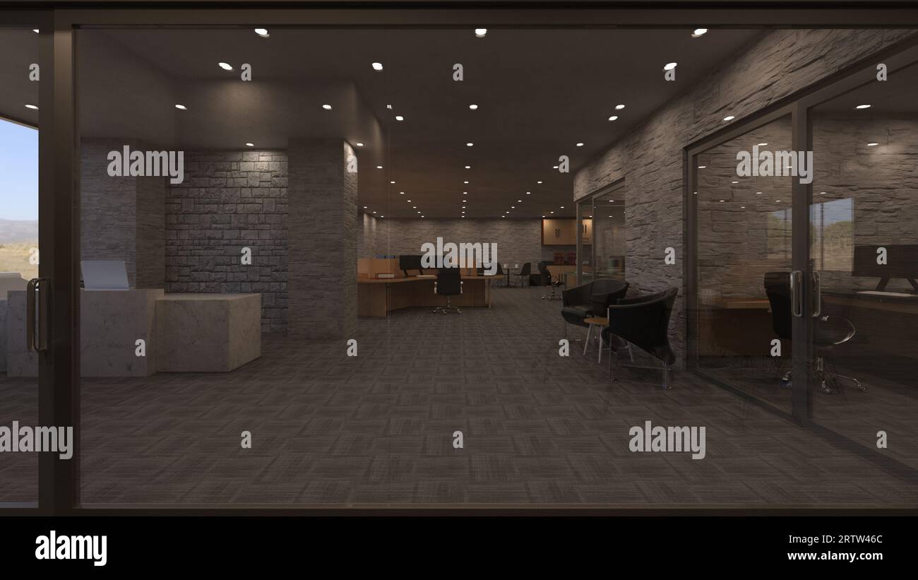 3D rendering of a private office with a window view on to the main ...