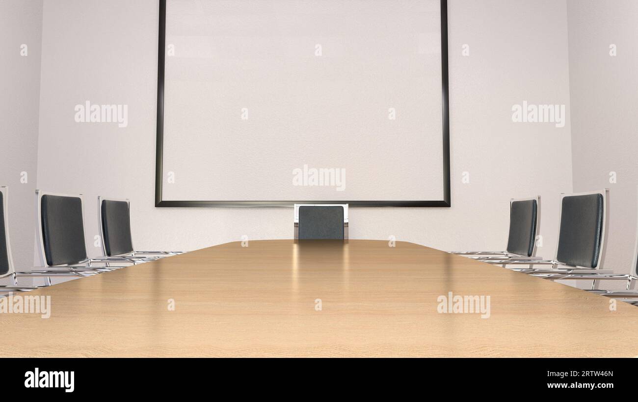 A 3d rendering of an office boardroom with white walls, a projector ...