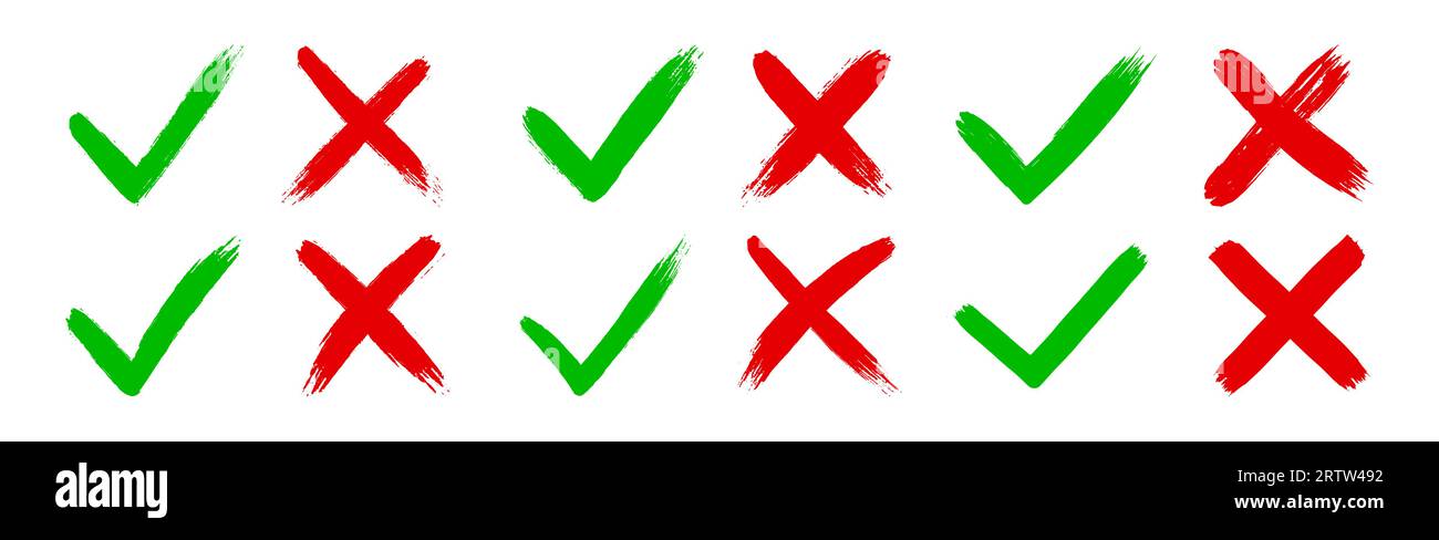 Dirty grunge hand drawn with brush strokes cross X and tick OK check ...