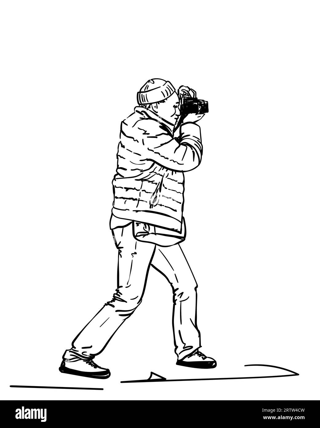 Drawing of man with photo camera, Photographer taking photo, Vector ...