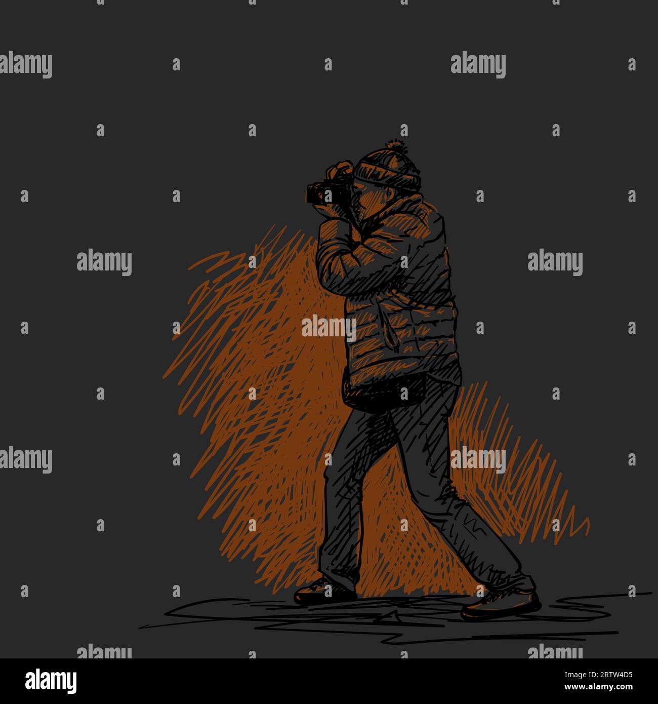 Drawing of man with photo camera, Photographer taking photo, Two color ...