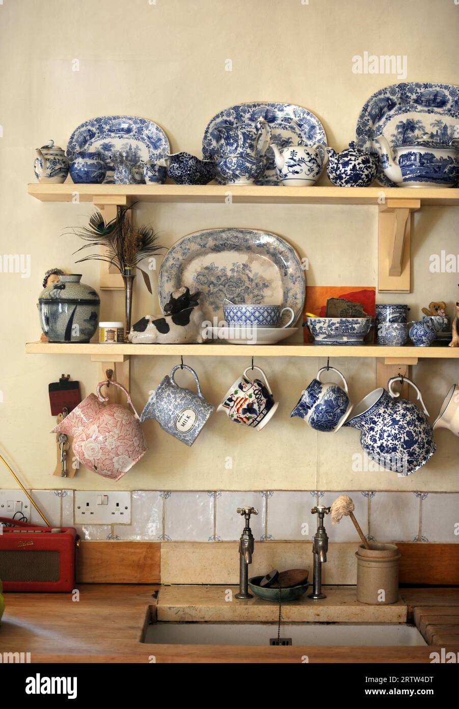 Collection of mainly blue & white china in a country kitchen, UK Stock ...