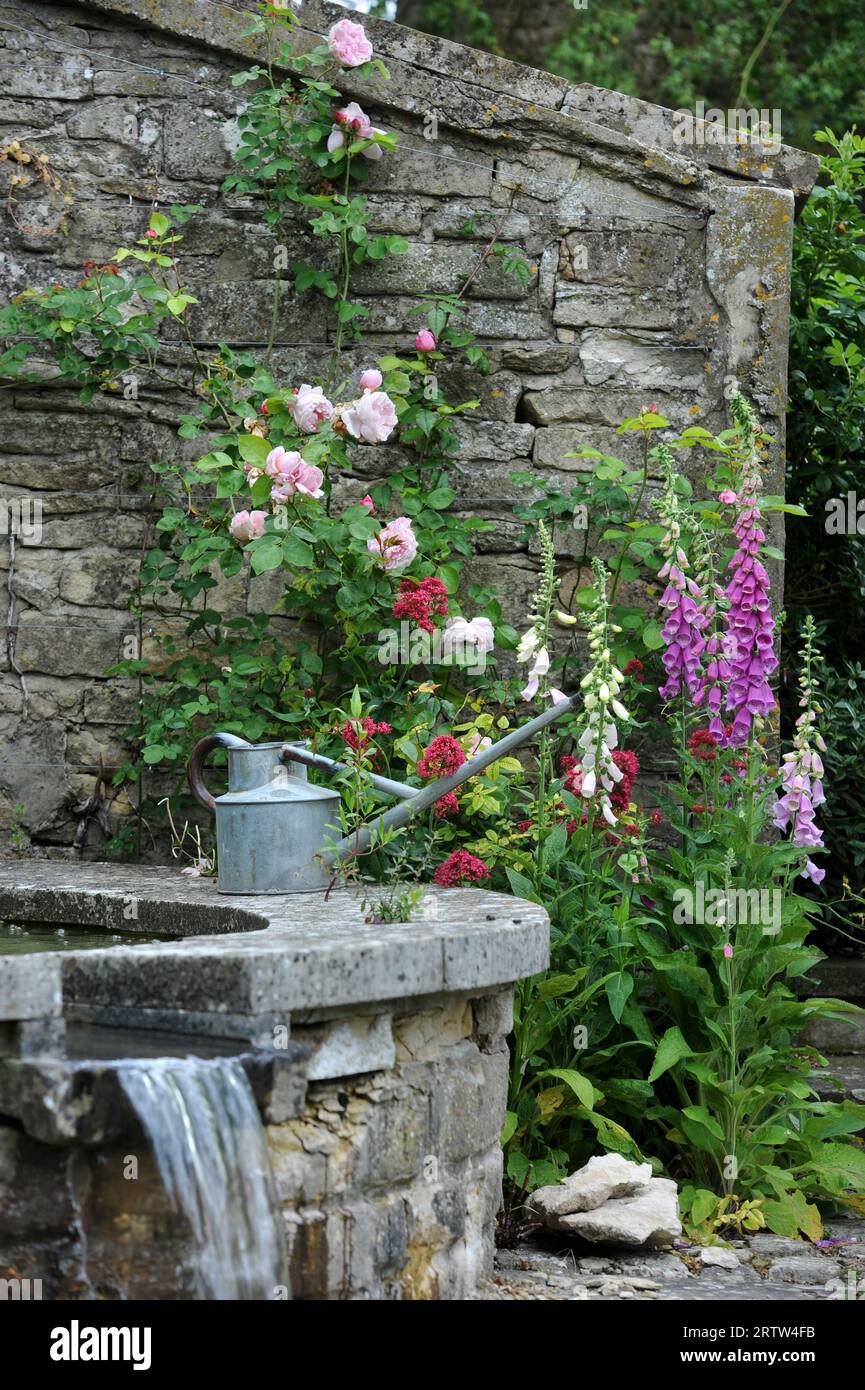 Watering can by a water feature in a walled garden, UK Stock Photo - Alamy