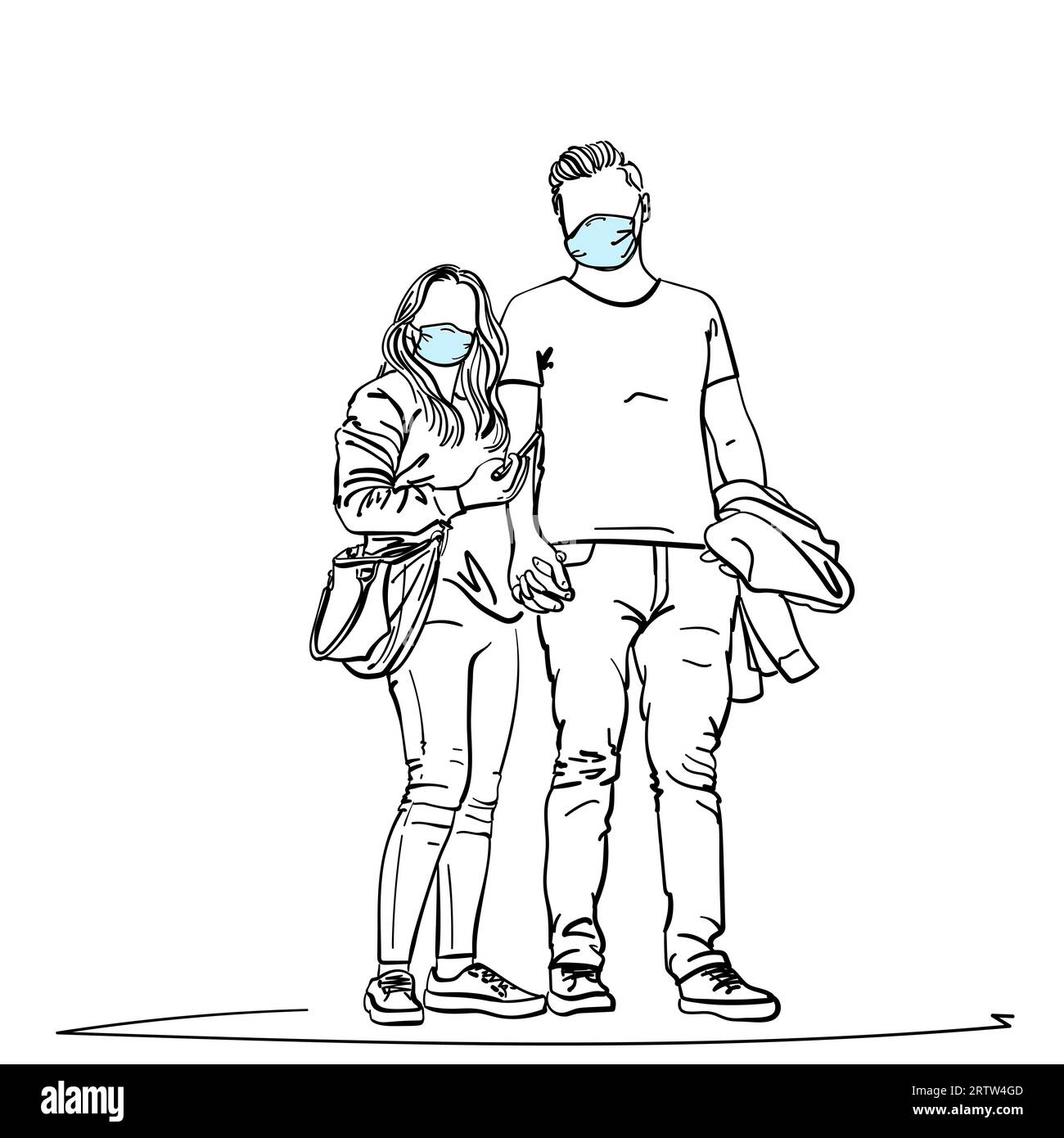 Drawing of young couple wearing medical face mask standing together ...