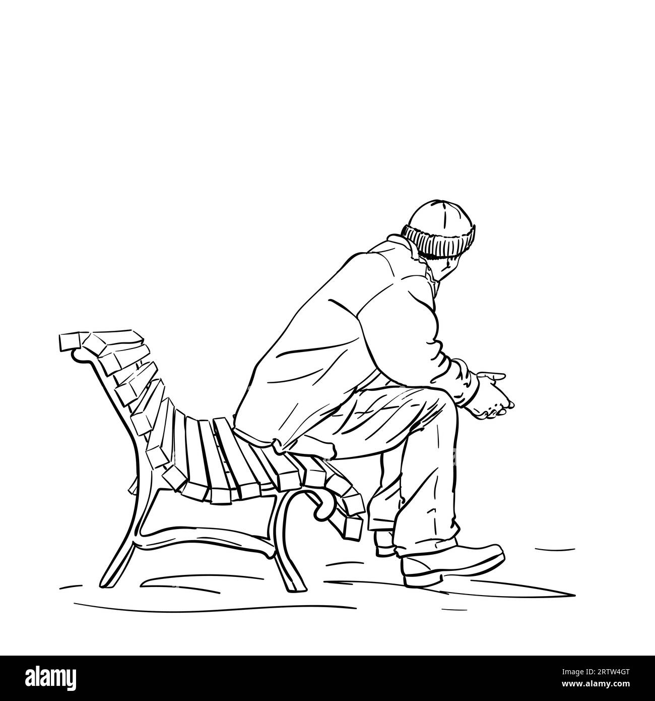Drawing of man in winter clothes sitting on bench and looking away ...