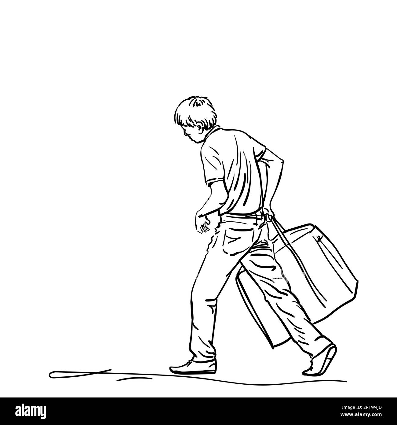 Drawing of young skiny man carrying big heavy bag, Vector line sketch ...