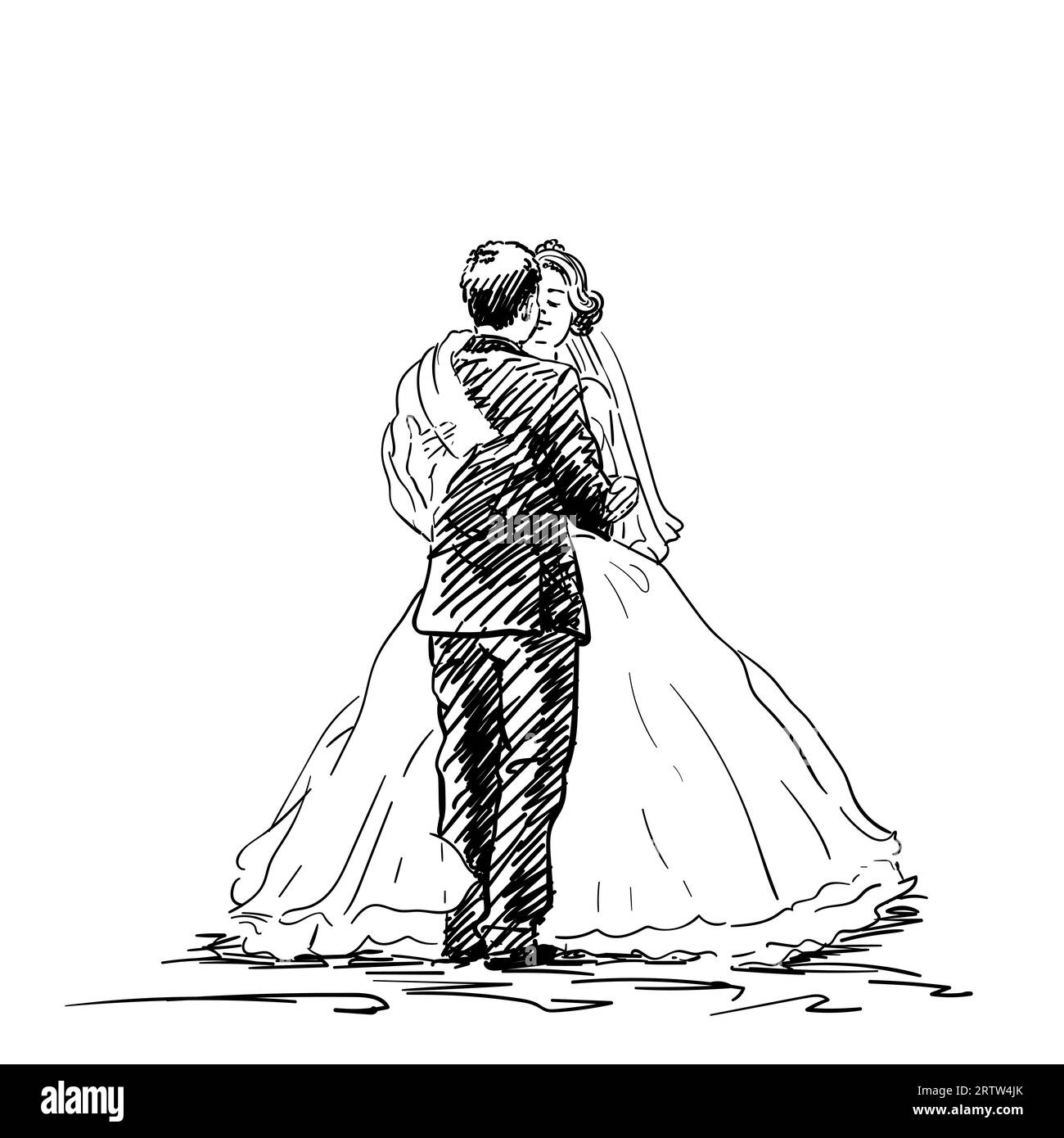 Drawing of bride and groom standing face to face, Young wedding couple ...