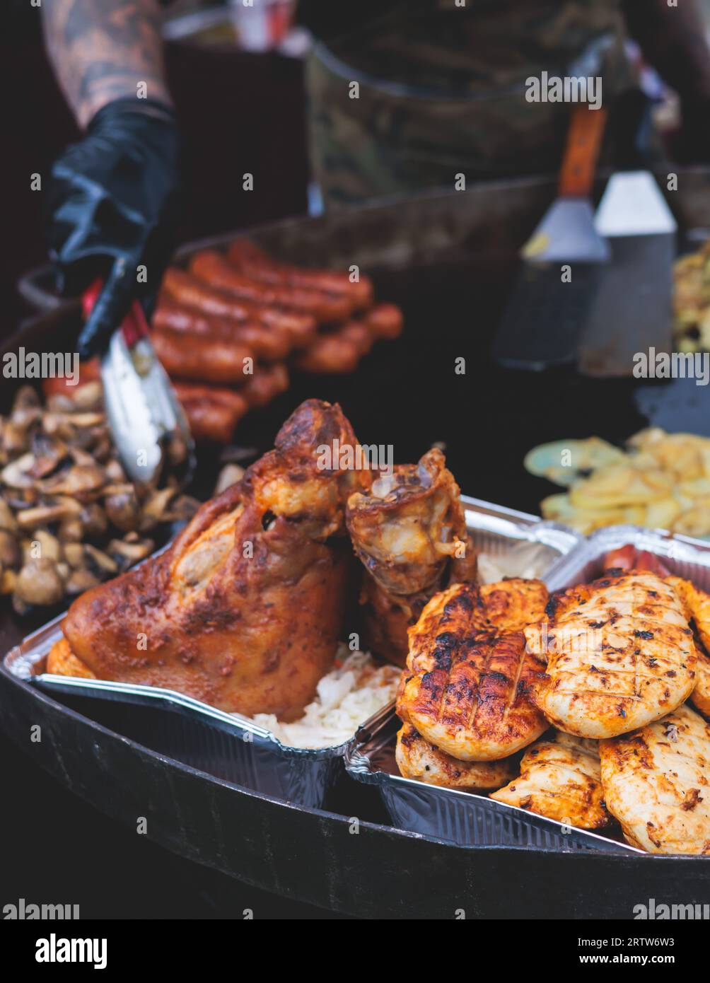 Food festival with food stall kiosk, open-air outdoor fair market ...