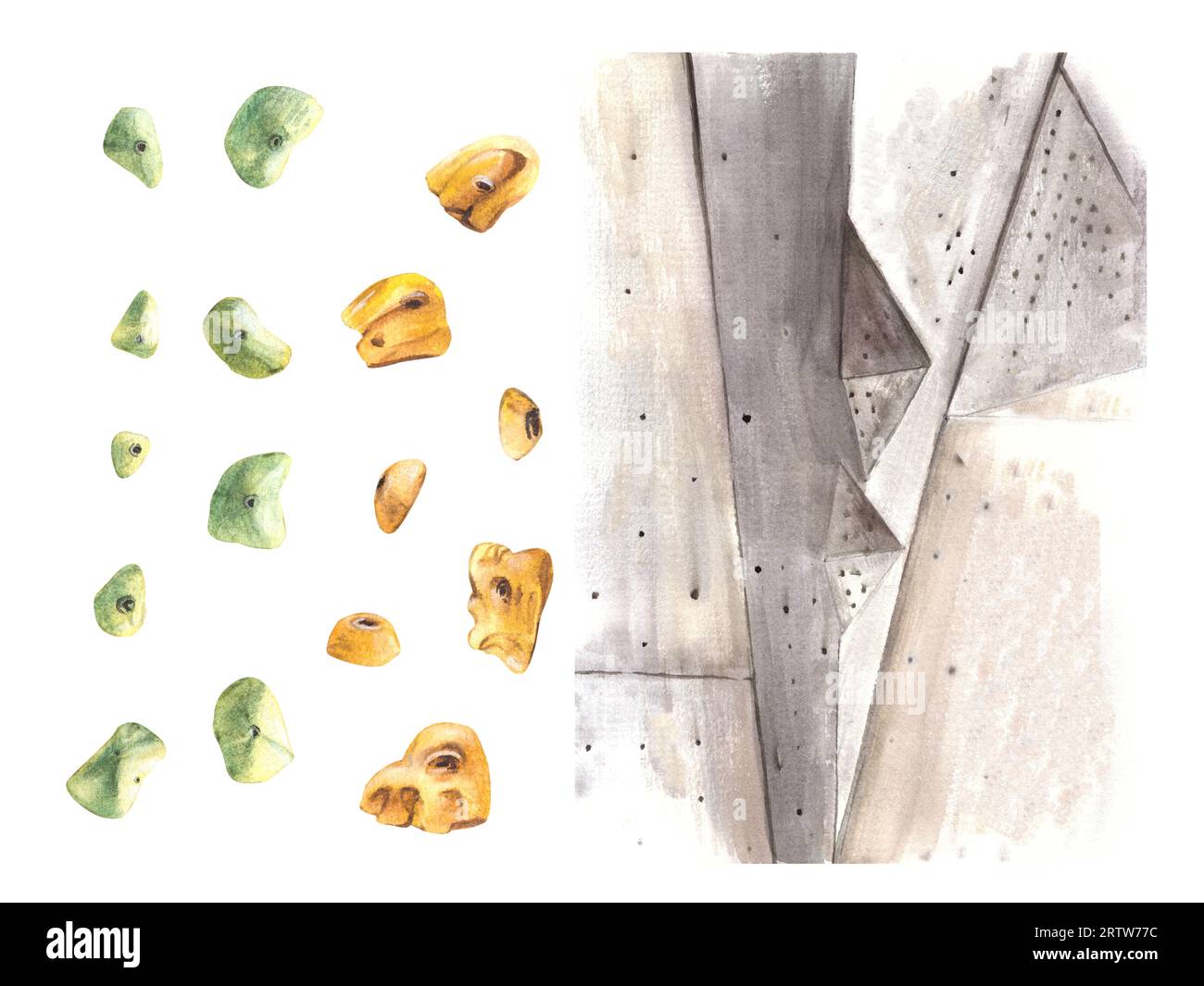 Bouldering wall with different shapes colour climbing stones set ...