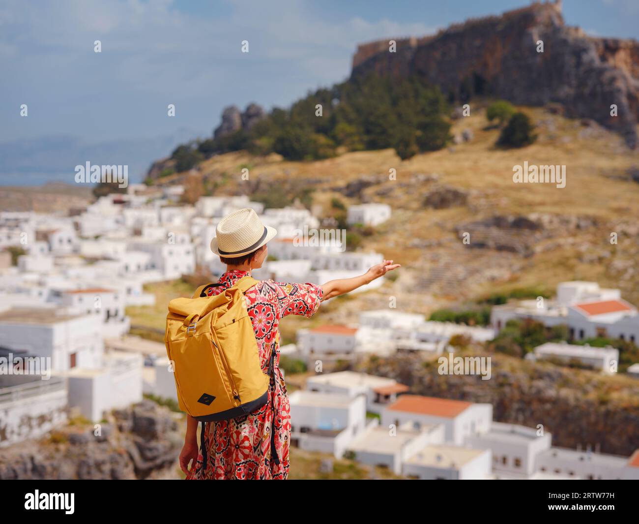 Nice Happy Female Enjoying Greek Islands. Travel to Greece ...